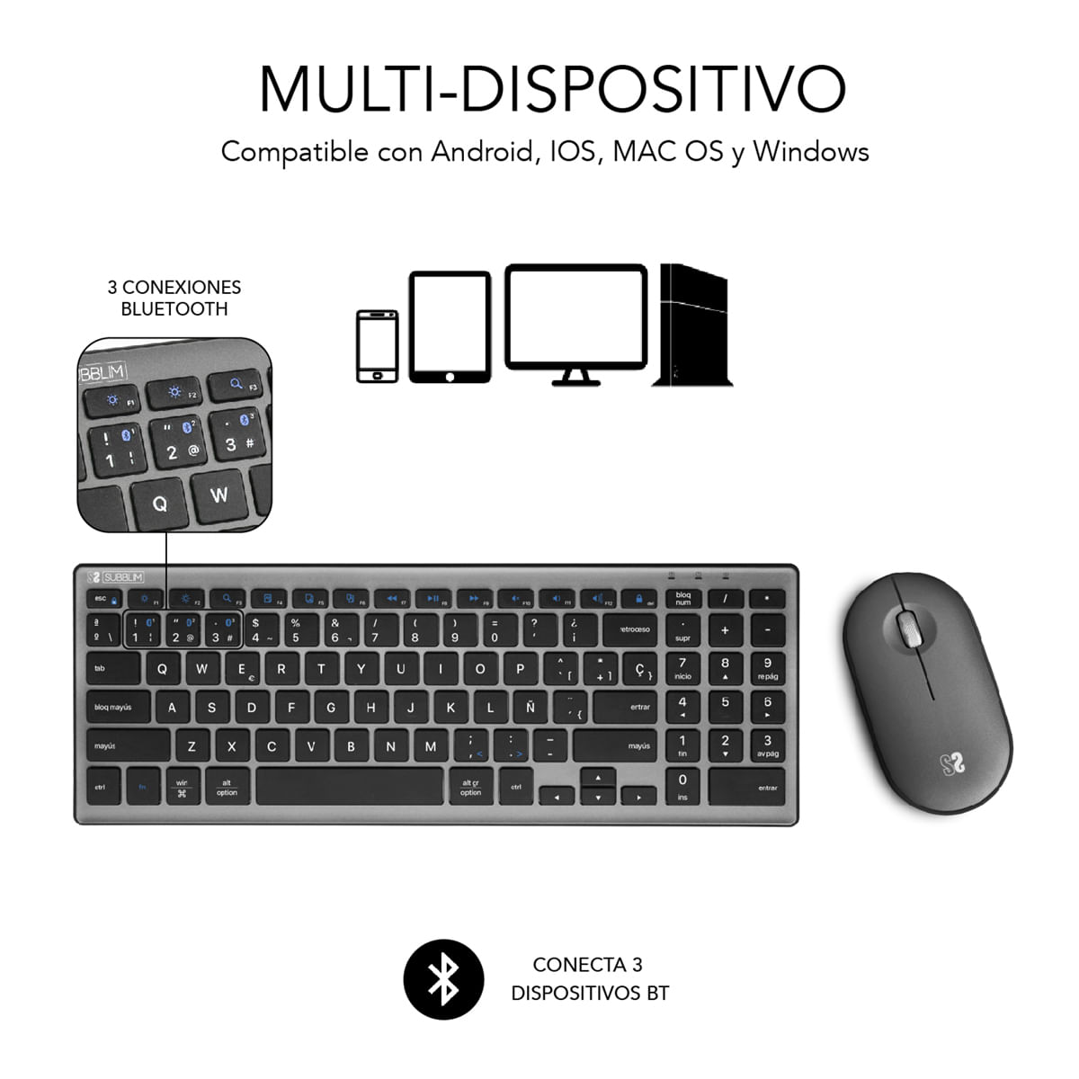 TECLADO EXTENDIDO CON RATON INALAMBRICO BT PURE COMBO GREY - Beep ...